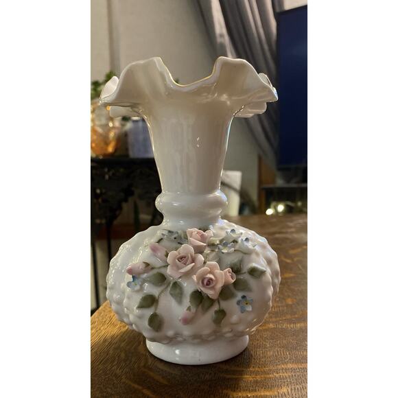 Lefton | Accents | Lefton White Hobnail 3d Ruffle Pink Roses Blue ...